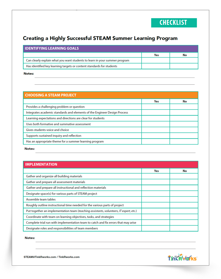 STEAM Summer Learning Program Checklist | Download | TinkRworks